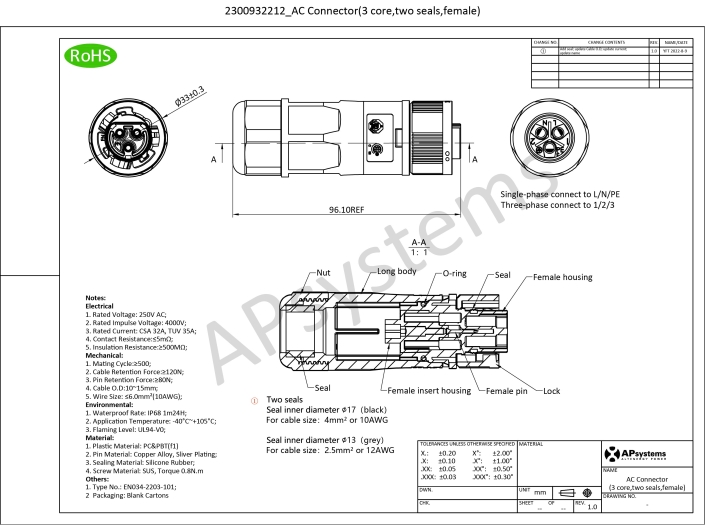 Ac Female Connector 3 Core Two Seals Optional Apsystems Emea
